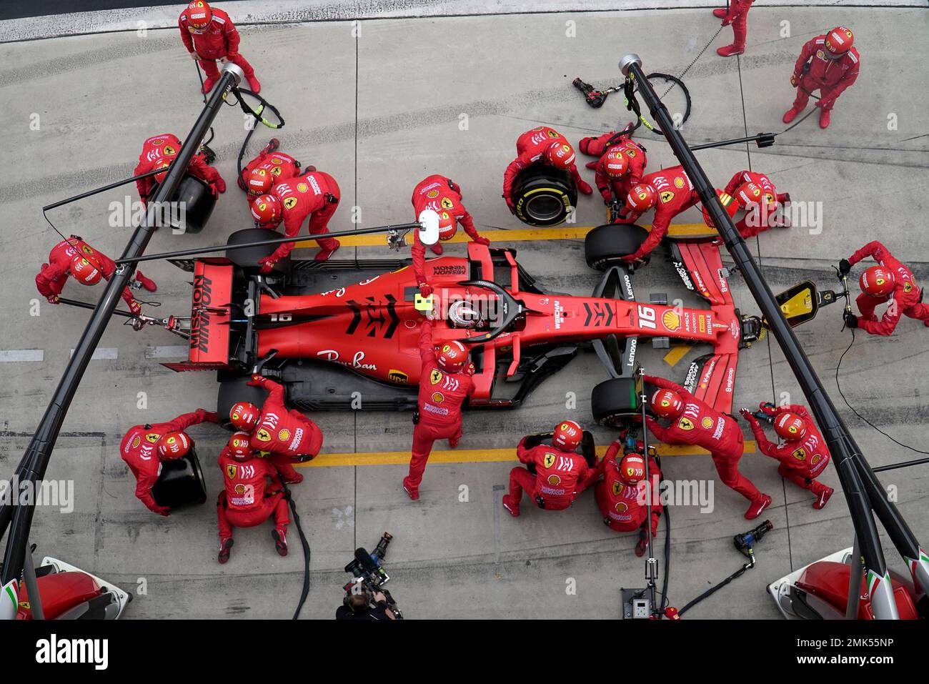 Ferrari driver Charles Leclerc of Monaco makes a pit stop during the ...