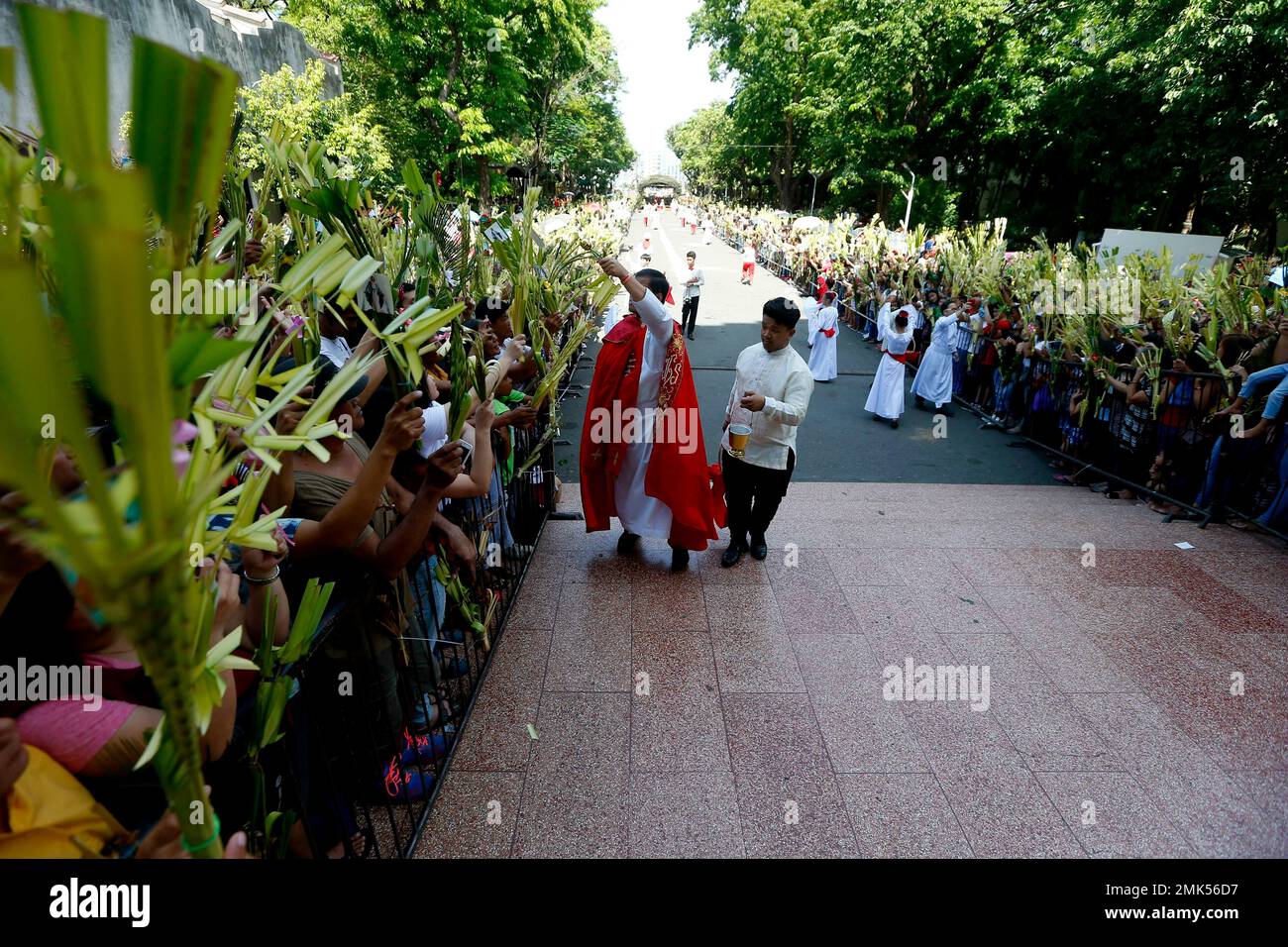 Catholic devotees wave their palm fronds as a Roman Catholic priest ...