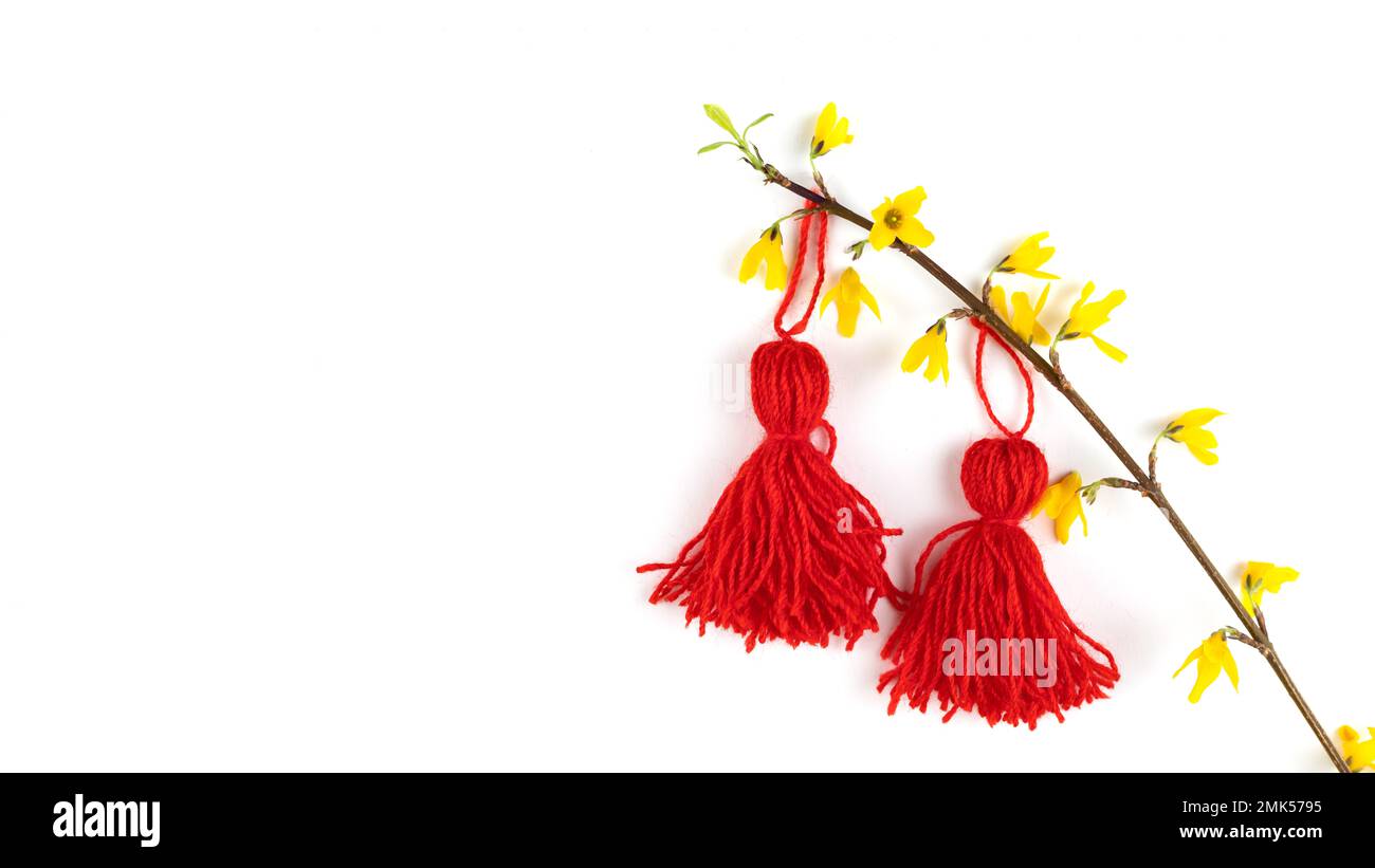 Red tassel Baba Marta symbol Martenitsa on white card. International ...