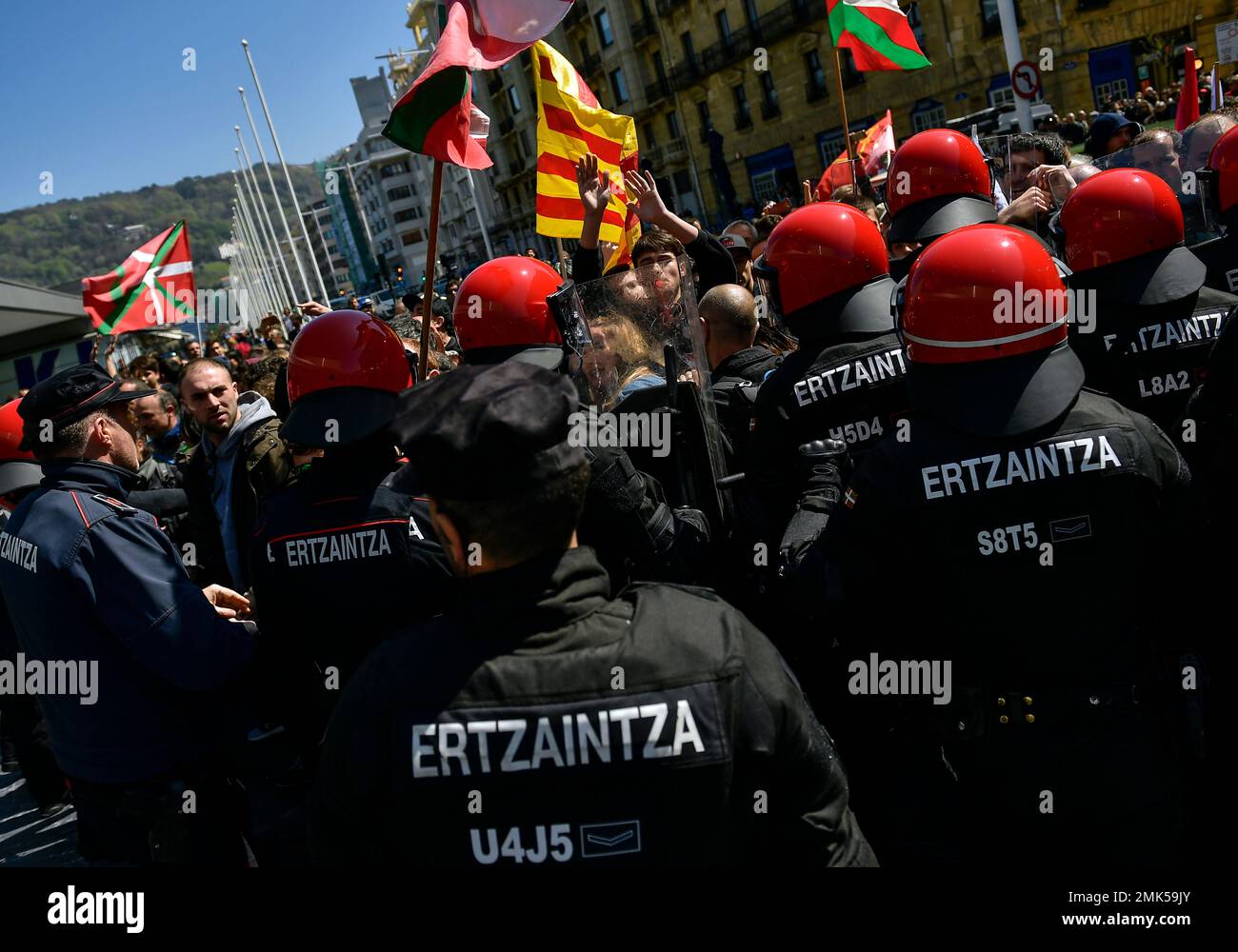 Basques pro-independence supporters hold Ikurrina (Basque flags and ...