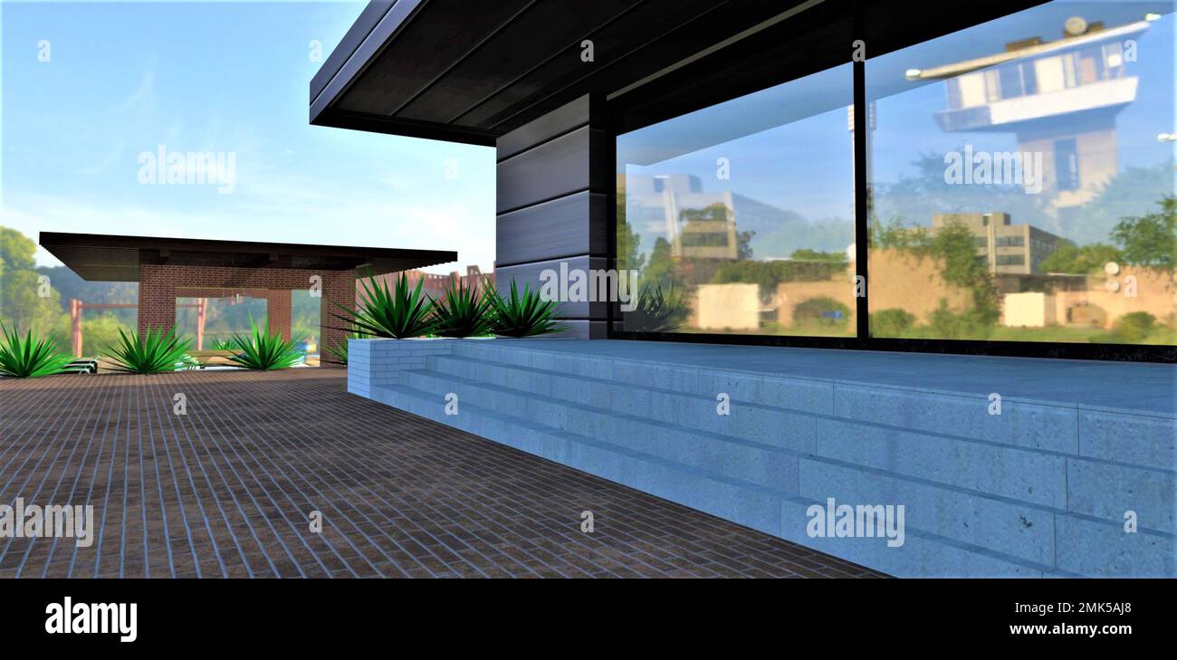 Stylish design porch with concrete long steps and glass door reflecting ...
