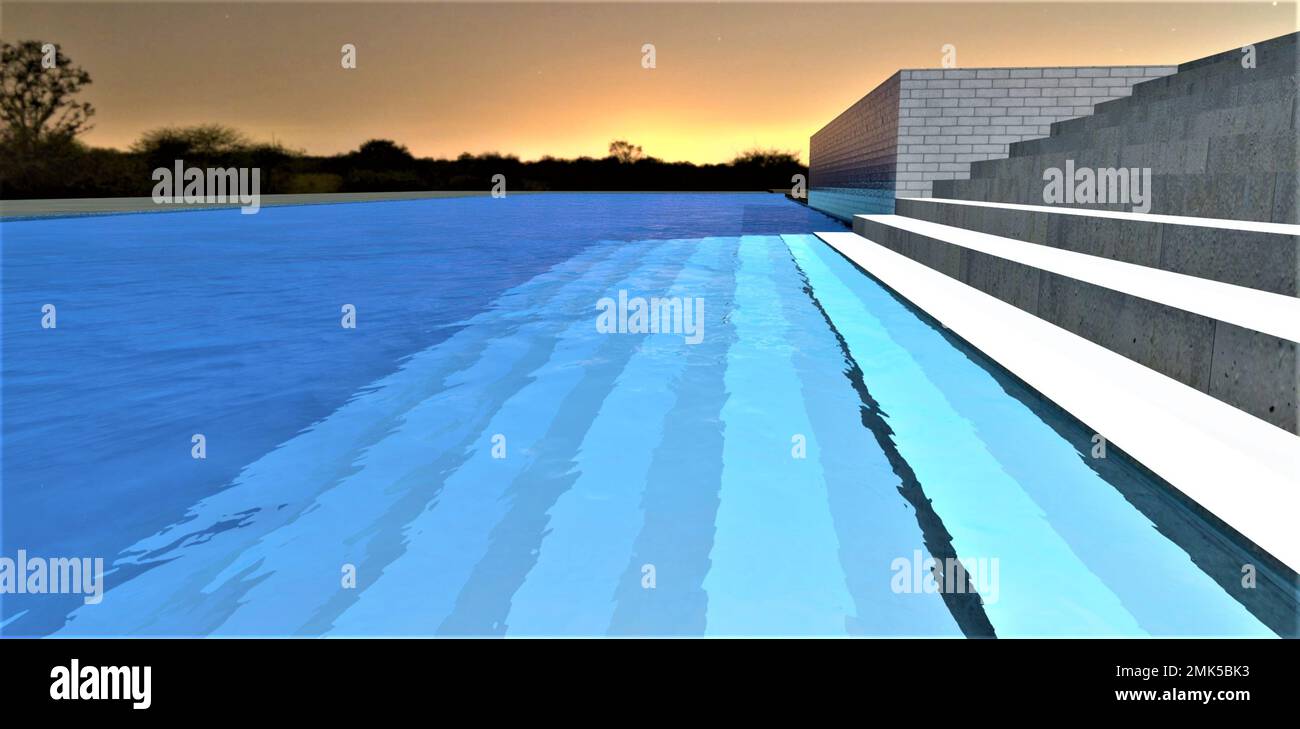 Moonlight falling on the concrete steps visible under clear water of ...