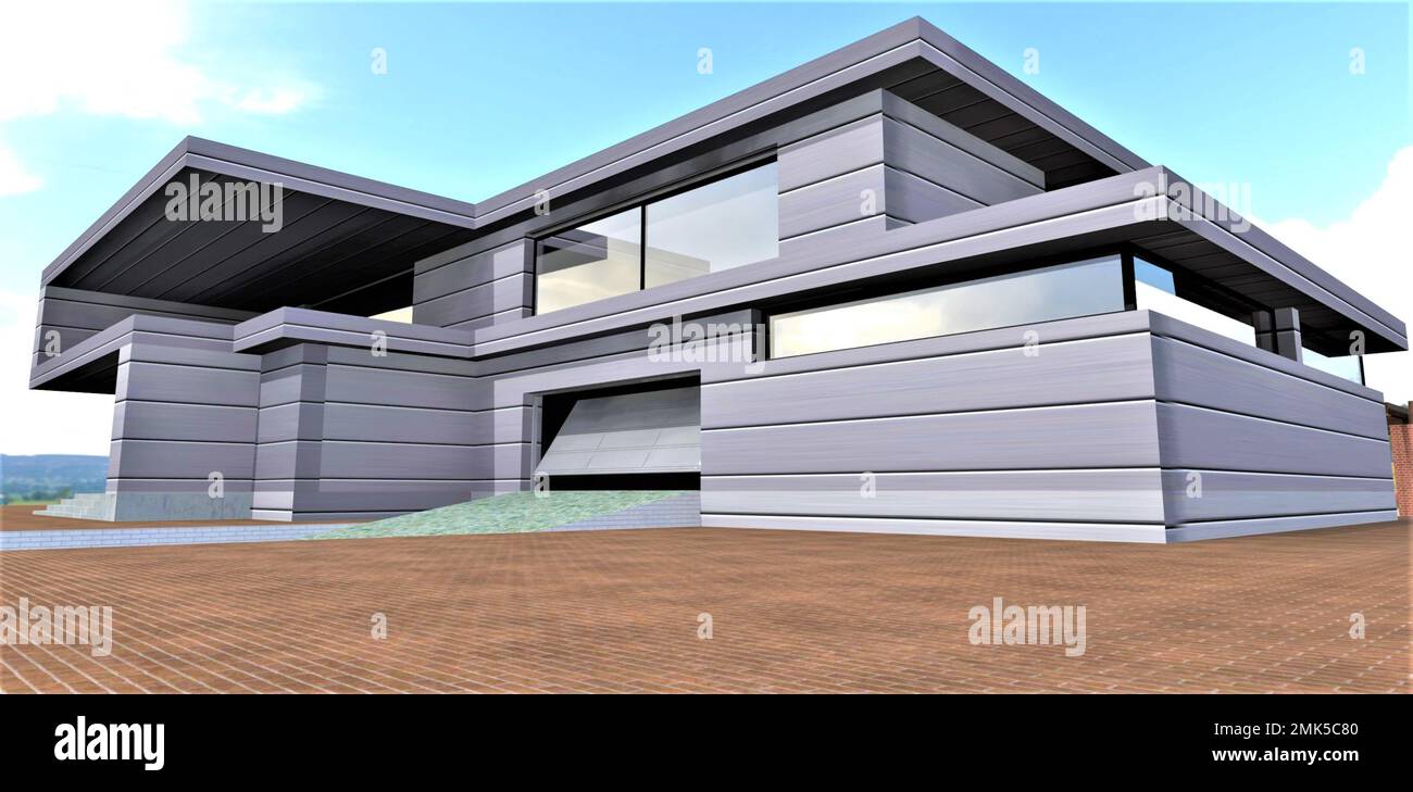 Fully metal facade of the futuristic suburban house. Horizontal ...