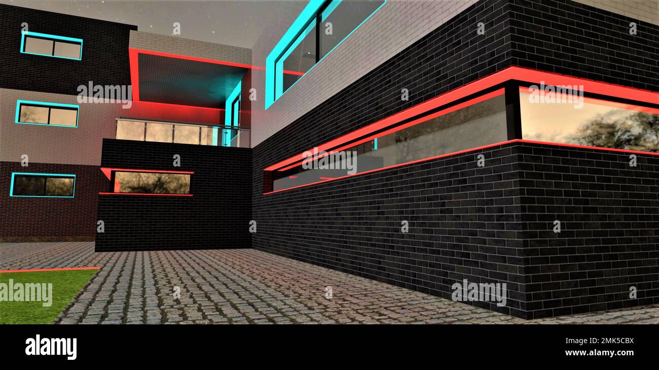 Stylish corner window illuminated in red. Black brick wall. Looks good ...