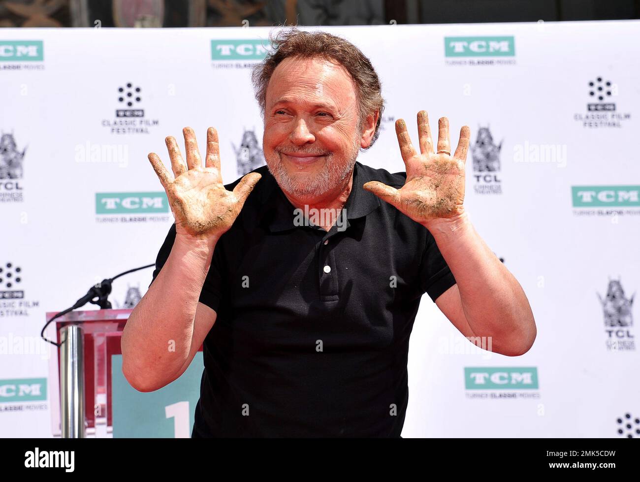 Actor Billy Crystal shows off his hands after placing them in cement ...
