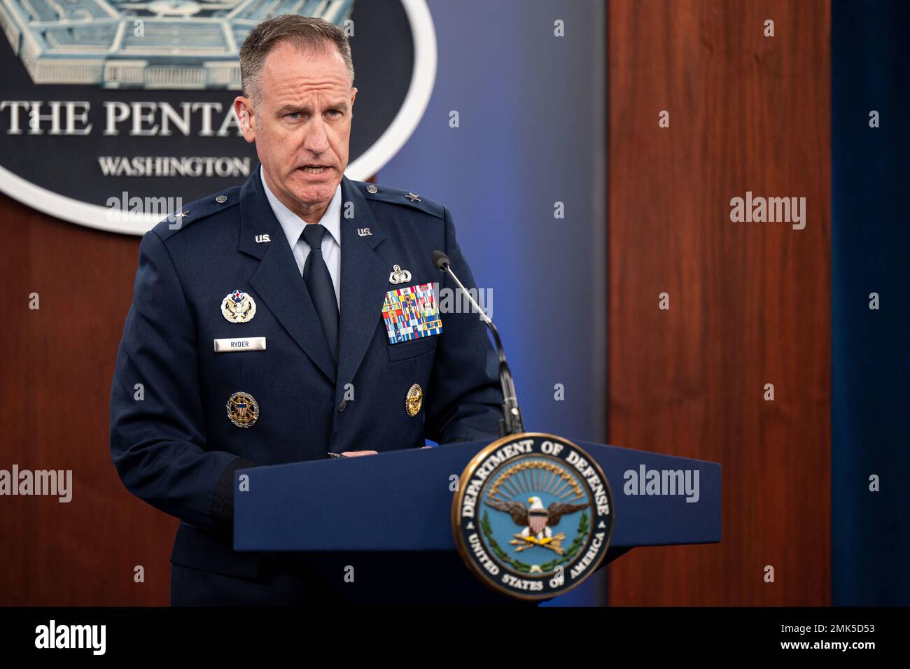 Pentagon Press Secretary Air Force Brig. Gen. Pat Ryder conducts a press briefing in the ...