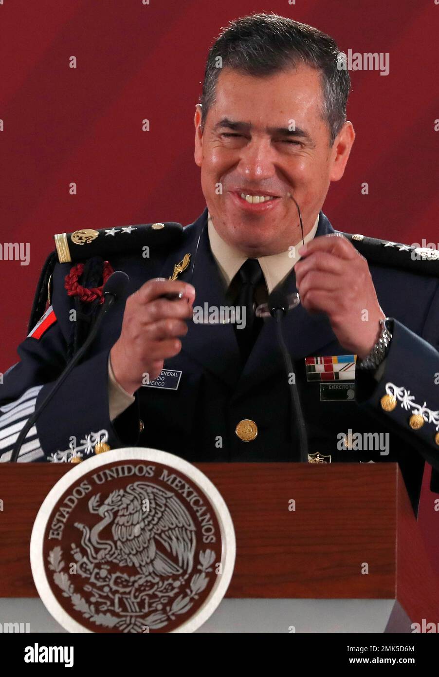 Brig. Gen. Luis Rodríguez Bucio smiles during a press conference, in Mexico City, Friday, April ...