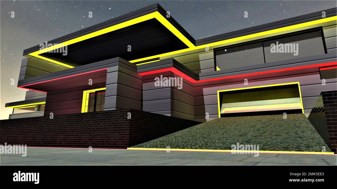 Entrance to garage with metal lifting gate. Red and yellow LED stripe ...