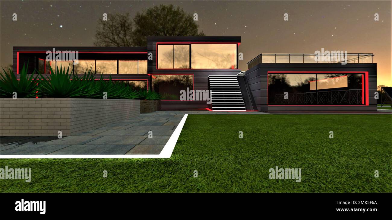 Red glowing frame of the panoramic windows as a night decoration of the ...