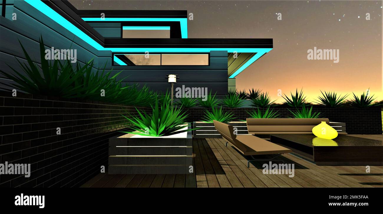 Cozy patio at night in the lounge zone of the contemporary house ...