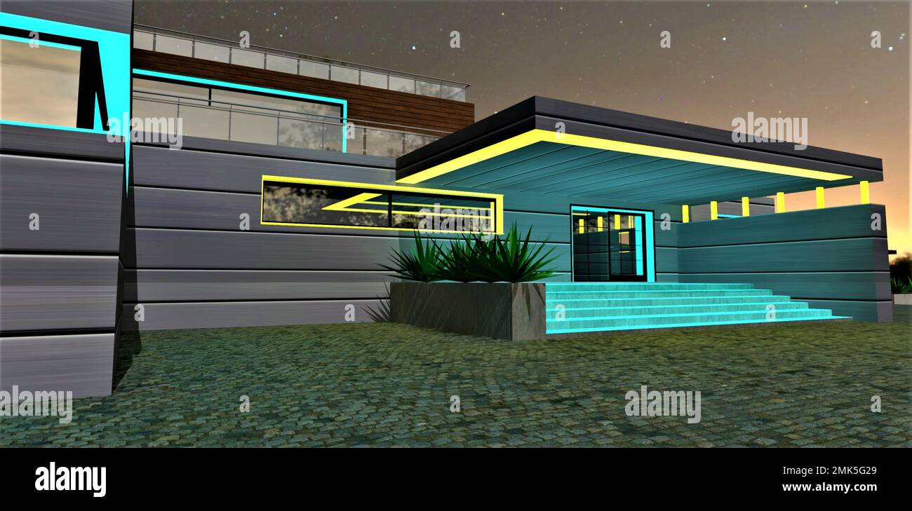 Illuminated porch with glowing turquoise steps. Looks good with ...