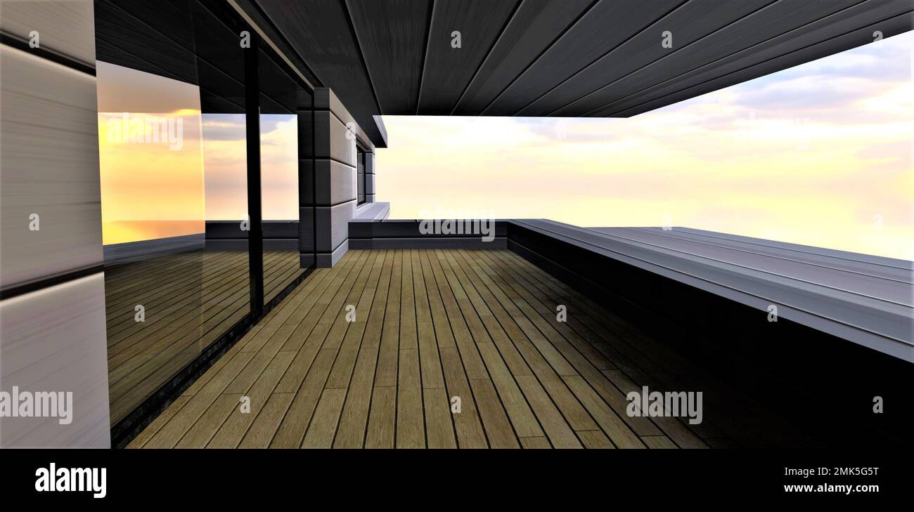 Upscale design of the contemporary balcony with terrace board on the ...