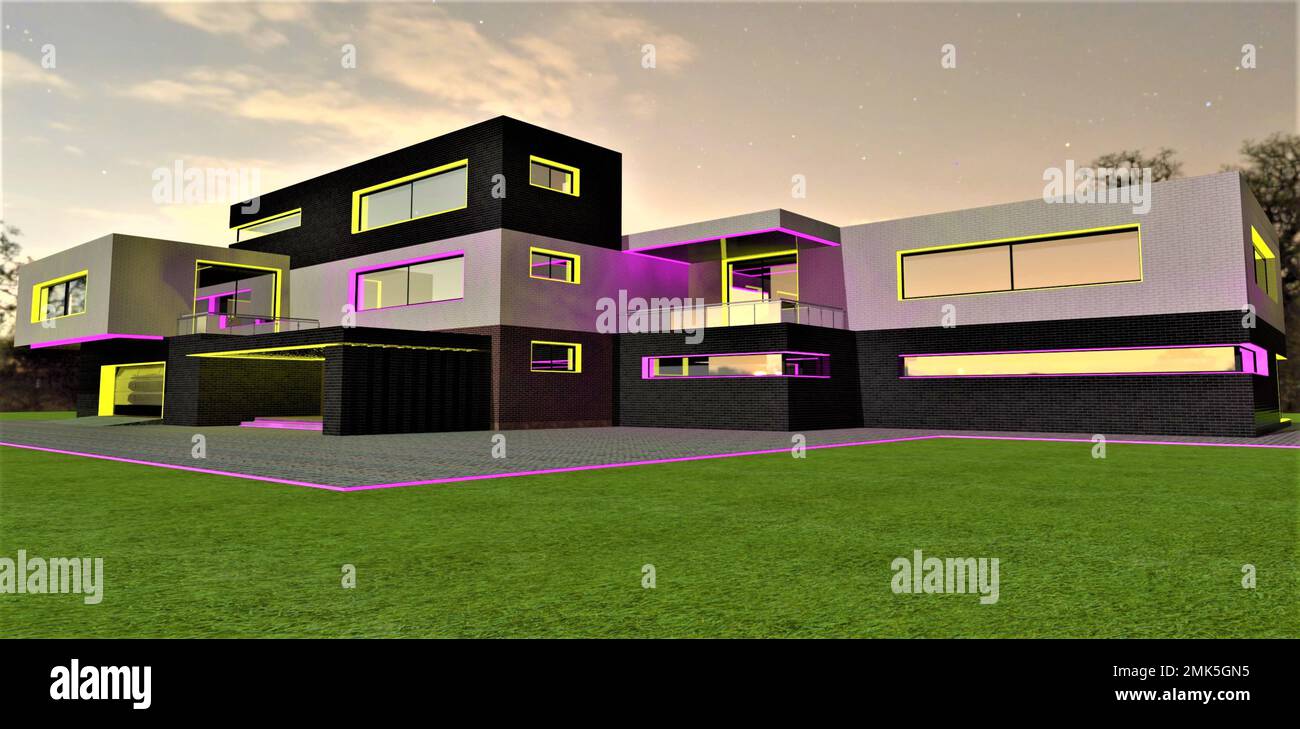 Newly built suburban apartment house for three families. Night view of ...