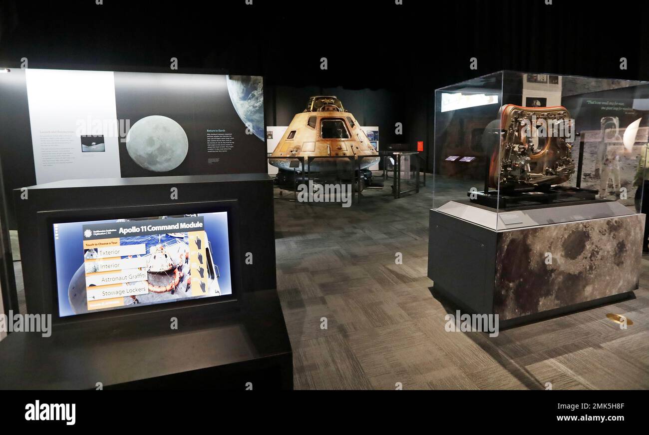The hatch of the NASA Apollo 11 command module Columbia is displayed ...