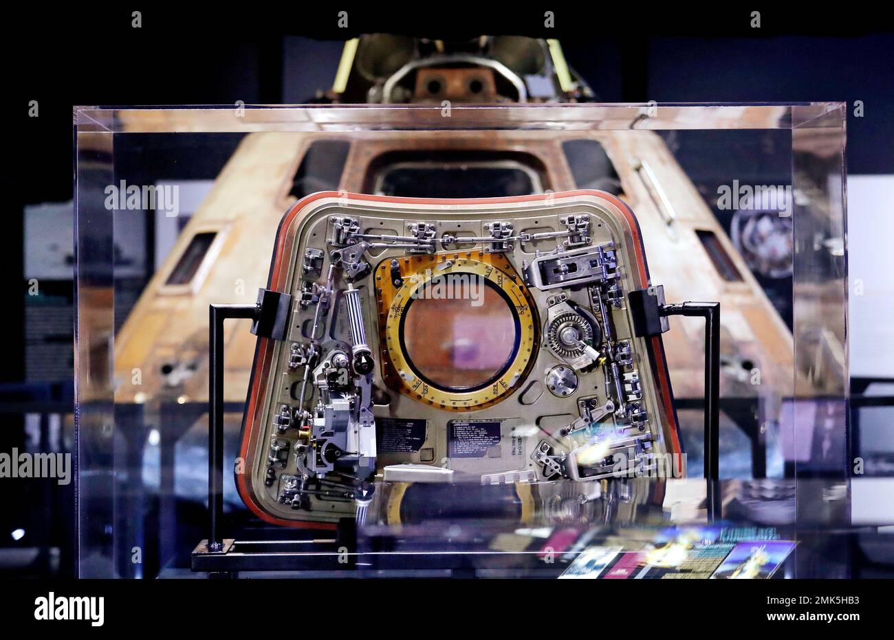 The hatch of the NASA Apollo 11 command module Columbia is displayed ...