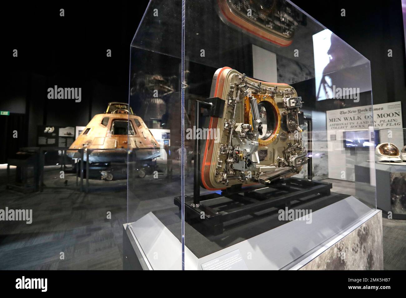 The hatch of the NASA Apollo 11 command module Columbia is displayed ...