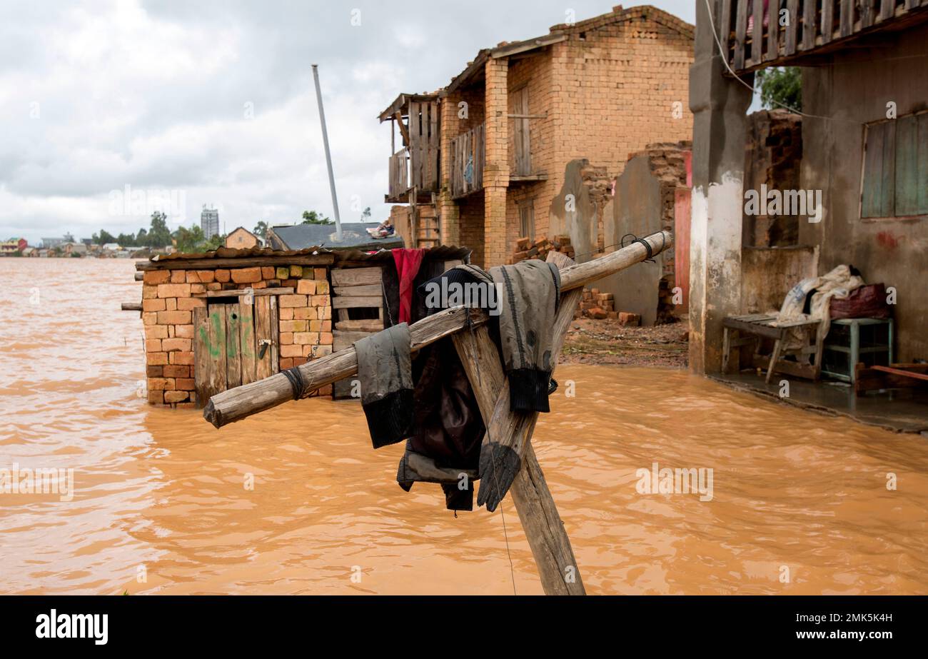 Residential streets flooded with rain water in Antananarivo, Madagascar ...