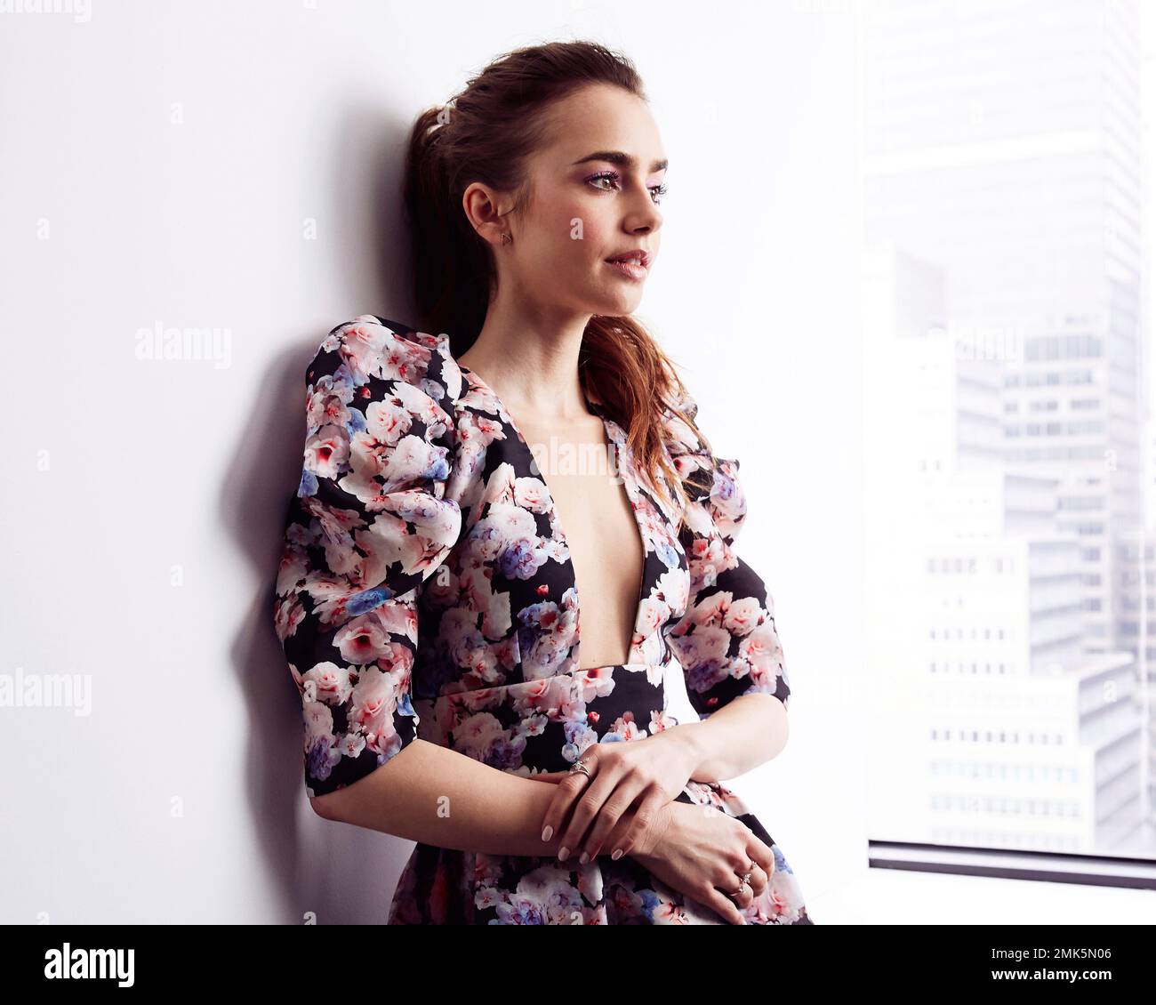 This April 8, 2019 photo shows actress Lily Collins posing for a ...