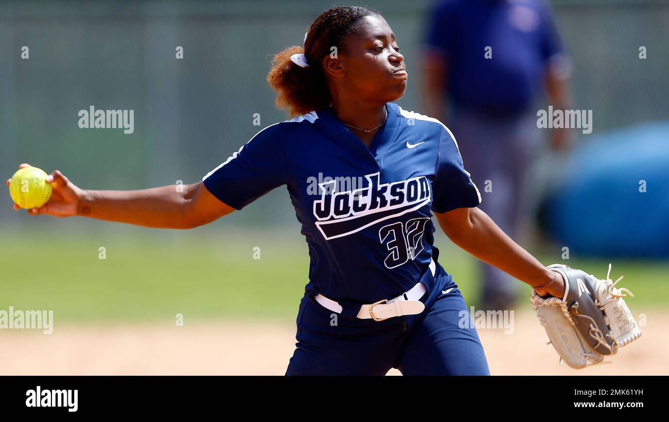 Jackson State pitcher Leah Hopson throws a pitch during an NCAA softball game against Alabama A ...