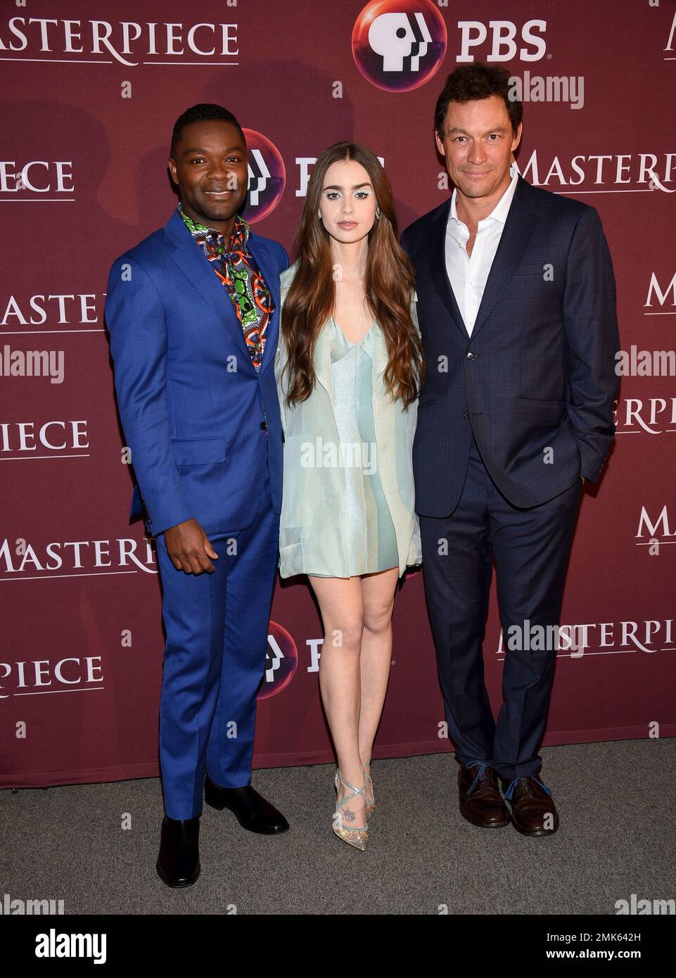Actors David Oyelowo, from left, Lily Collins and Dominic West pose ...