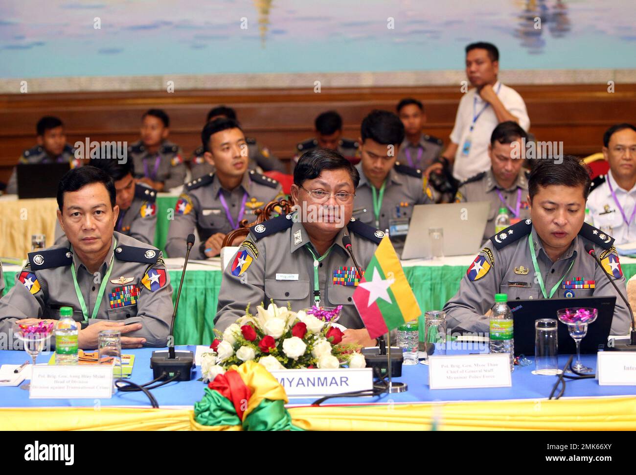 Myanmar Chief of Police Gen. Staff Brig. Gen. Myoe Than, center ...