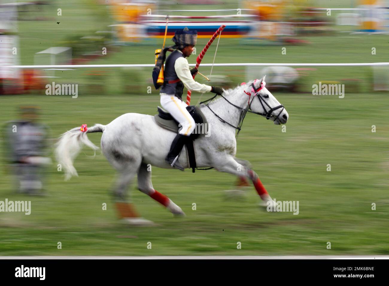 In this April 5, 2019, photo, a Nepalese cavalry soldier displays his ...