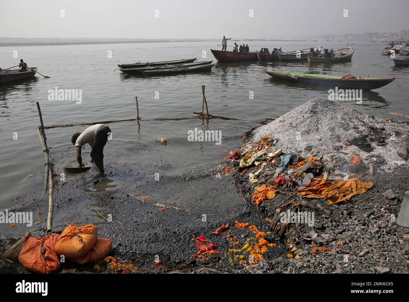 In this March 22, 2019, photo, ash and other remains from funeral pyres ...