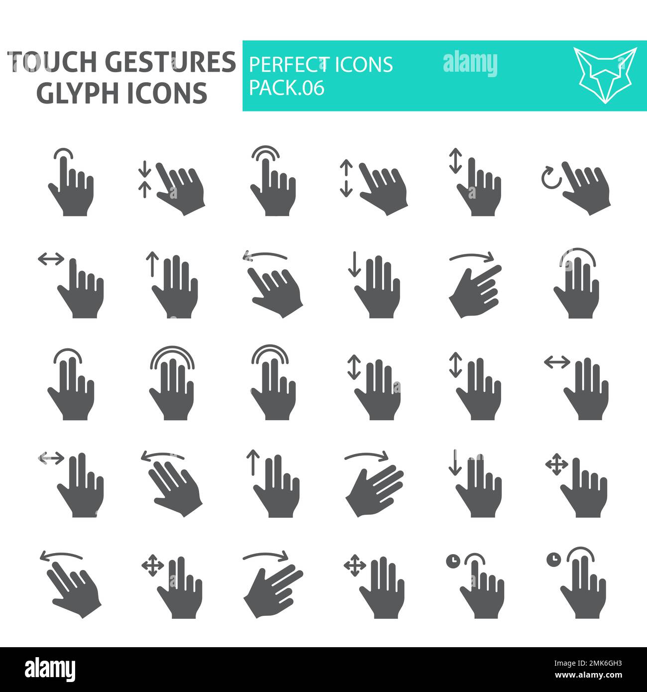 Touch gestures glyph icon set, click symbols collection, vector ...