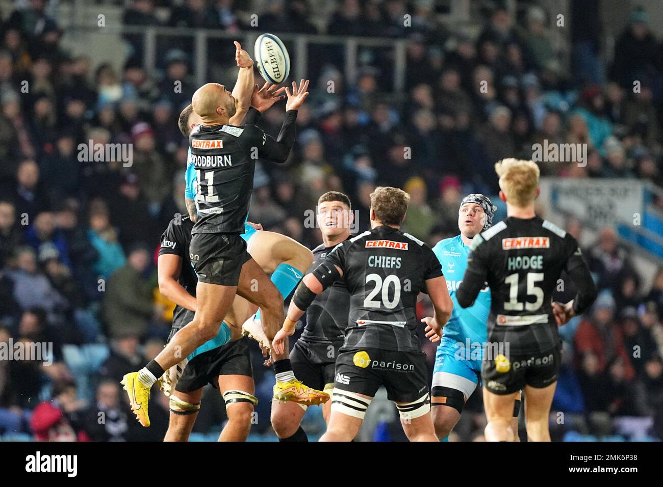 Exeter, UK. 28 January 2023. Olly Woodburn of Exeter Chiefs tries to ...