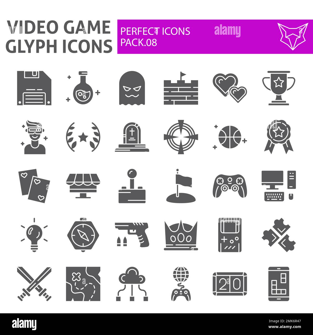 Video game glyph icon set, play symbols collection, vector sketches, logo illustrations, swipe ...