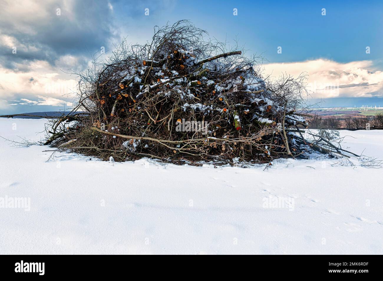 Firewood, brushwood, pile in the snow, piled up, preparation for Easter ...
