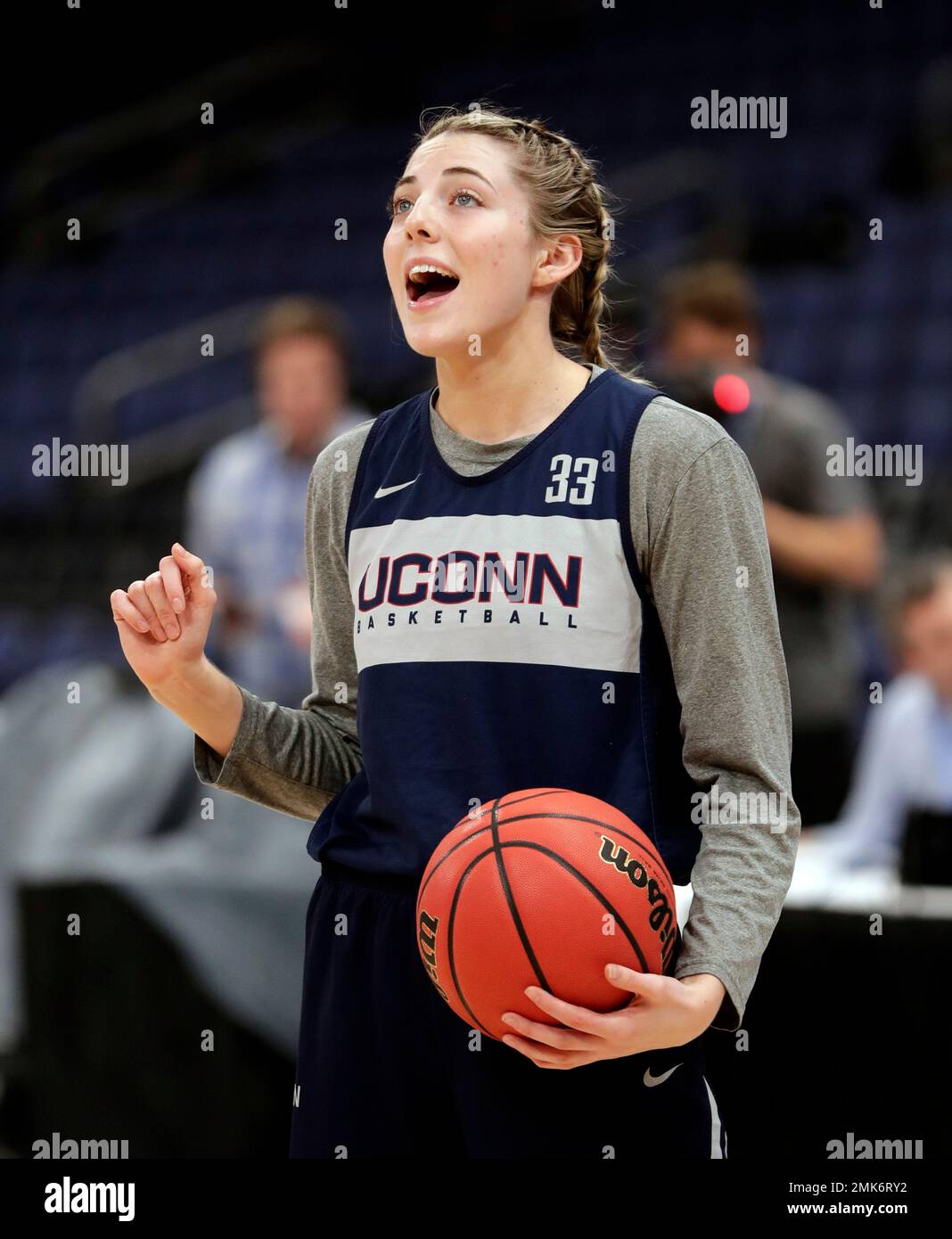 Connecticut's Katie Lou Samuelson watches teammates during a practice ...