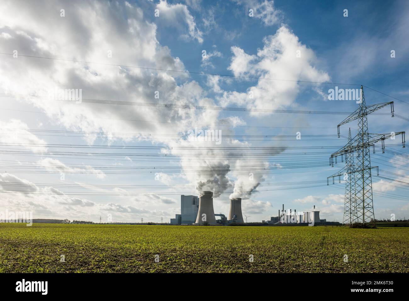 Power stations and electricity pylons, Neurath lignite-fired power ...