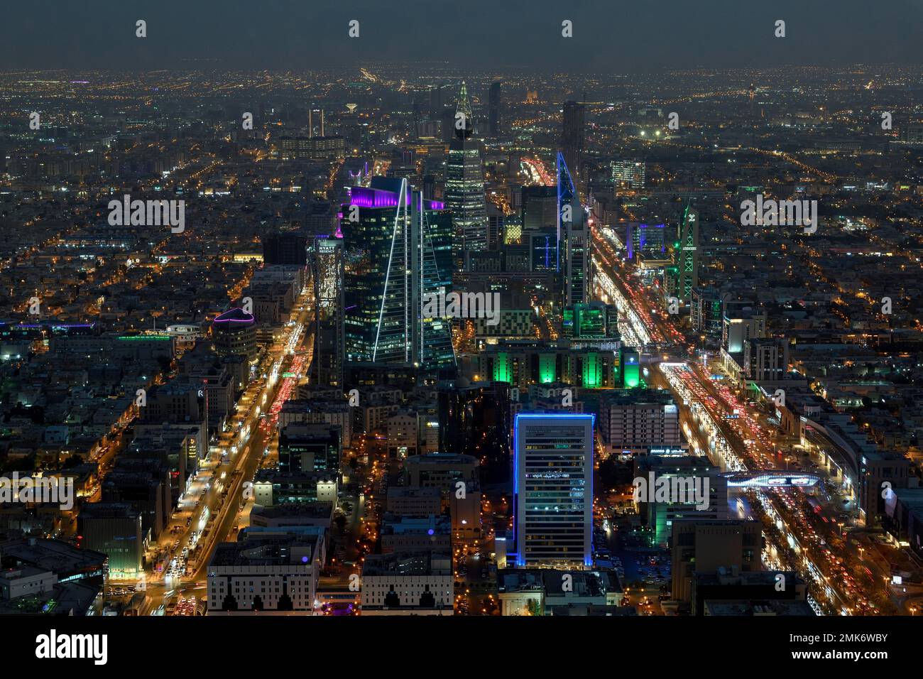 Panoramic view from the Sky Bridge, blue hour, Kingdom Center, Riyadh ...