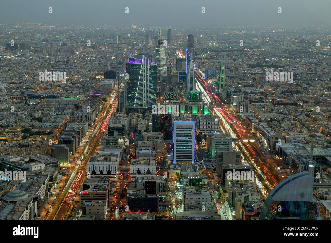 Panoramic view from the Sky Bridge, blue hour, Kingdom Center, Riyadh ...