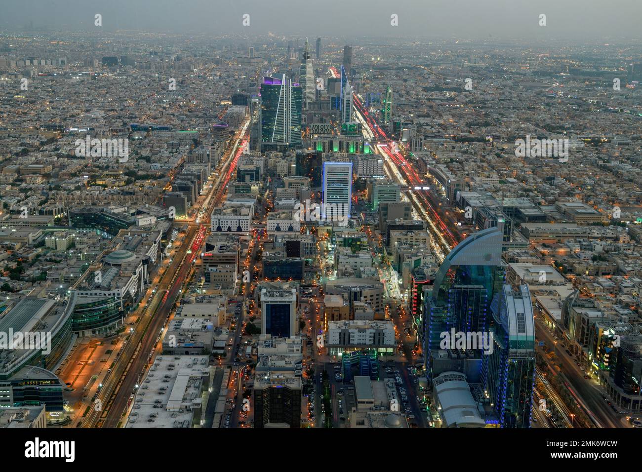 Panoramic view from the Sky Bridge, blue hour, Kingdom Center, Riyadh ...