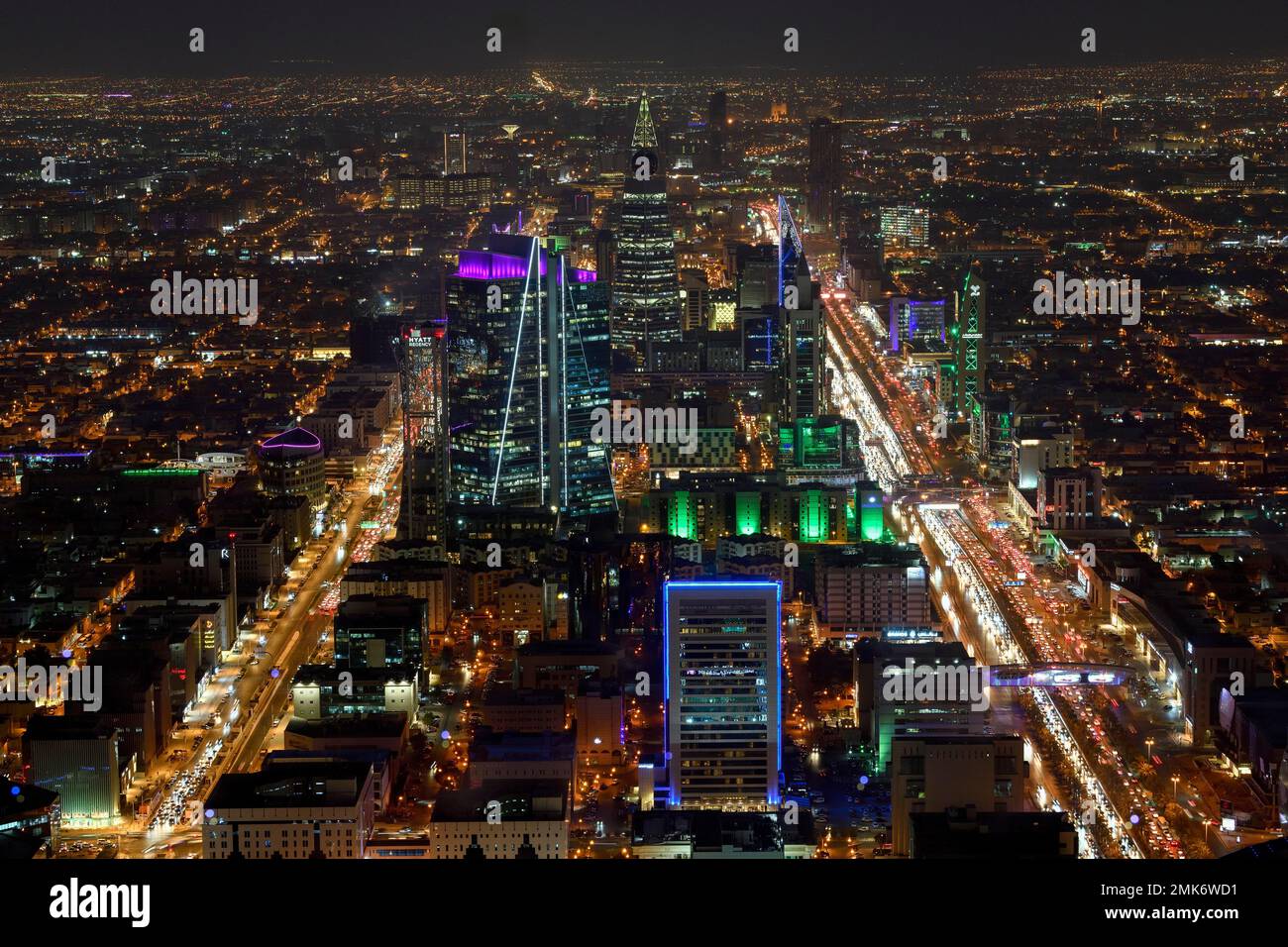 Panoramic view from the Sky Bridge at night, Kingdom Center, Riyadh ...