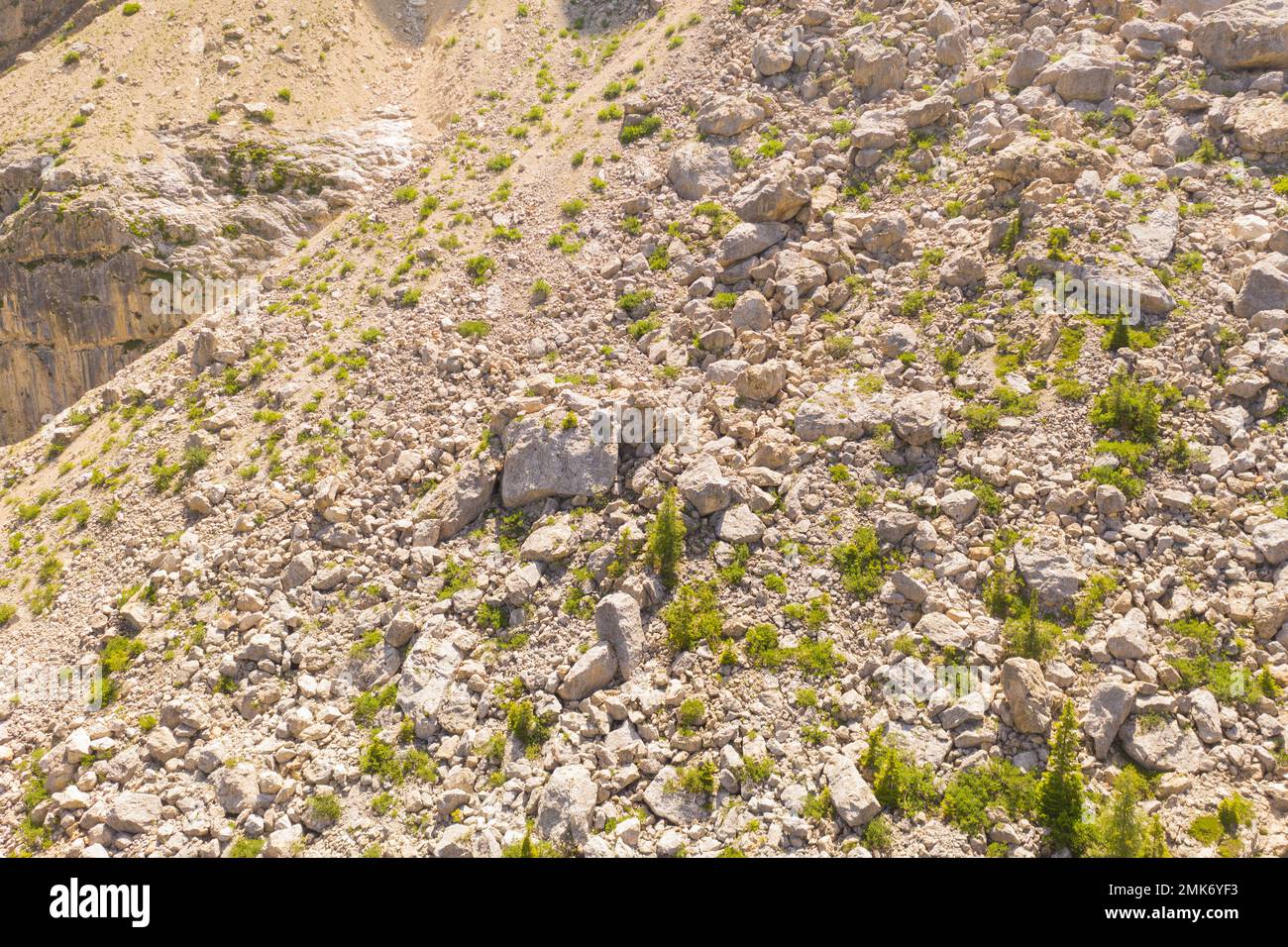 Drone pint of view of mountain rock slide and hiking path through it ...