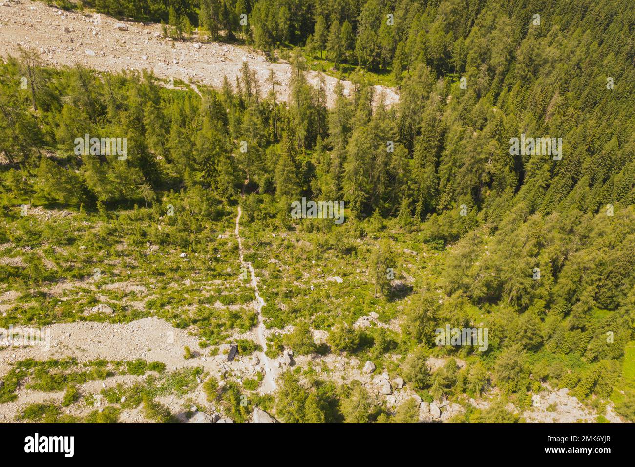 Drone pint of view of forest, mountain rock slide and hiking path ...