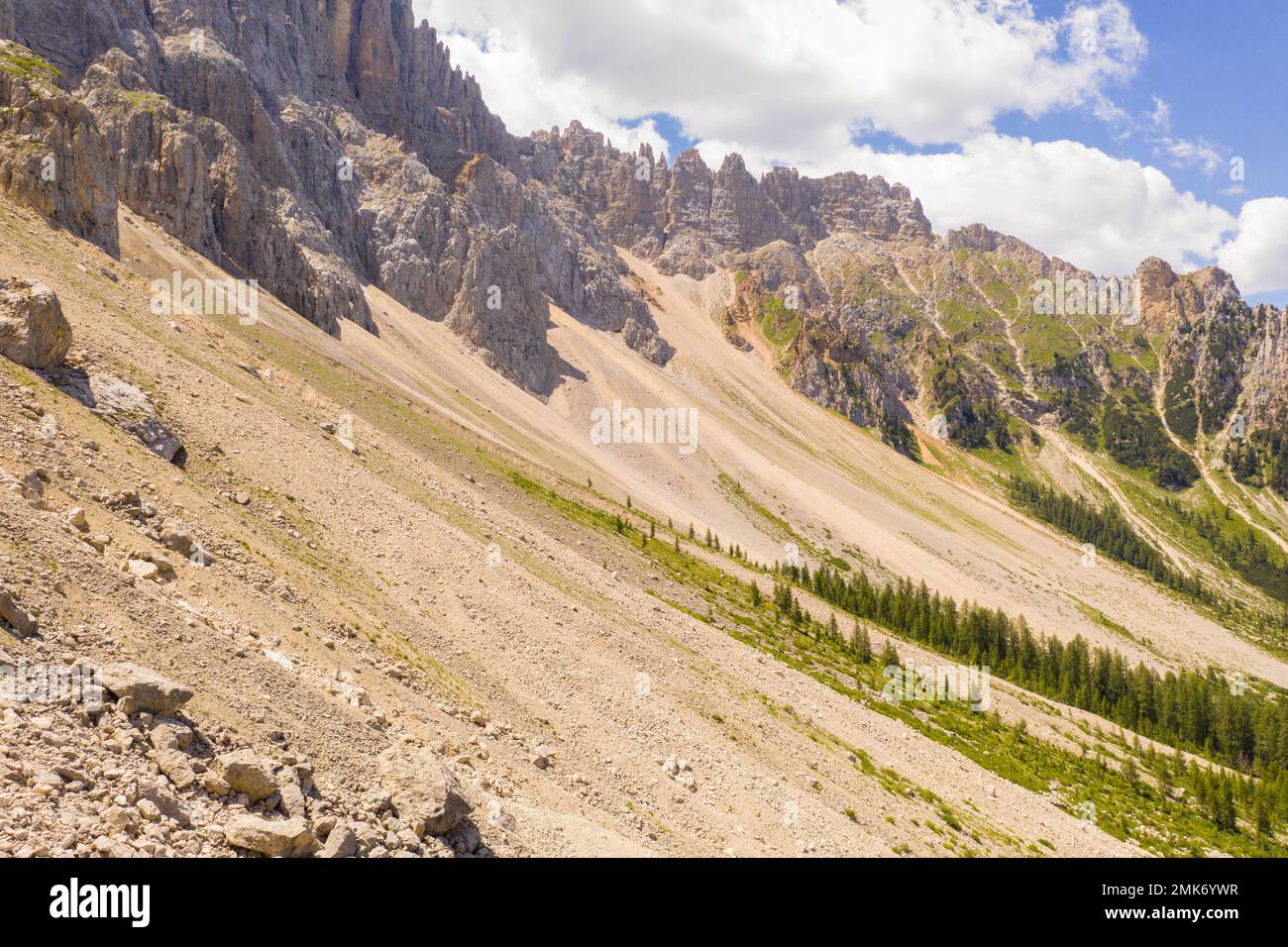 Drone pint of view of mountain rock slide and hiking path through it ...