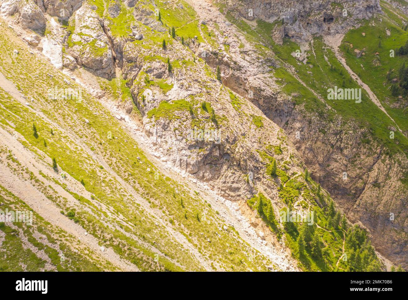 Drone pint of view of mountain rock slide and hiking path through it ...