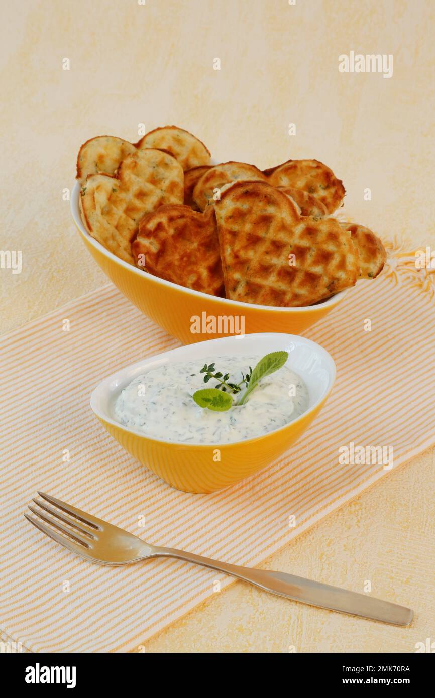 Southern German cuisine, herb curd cheese and waffles, fork, Germany ...