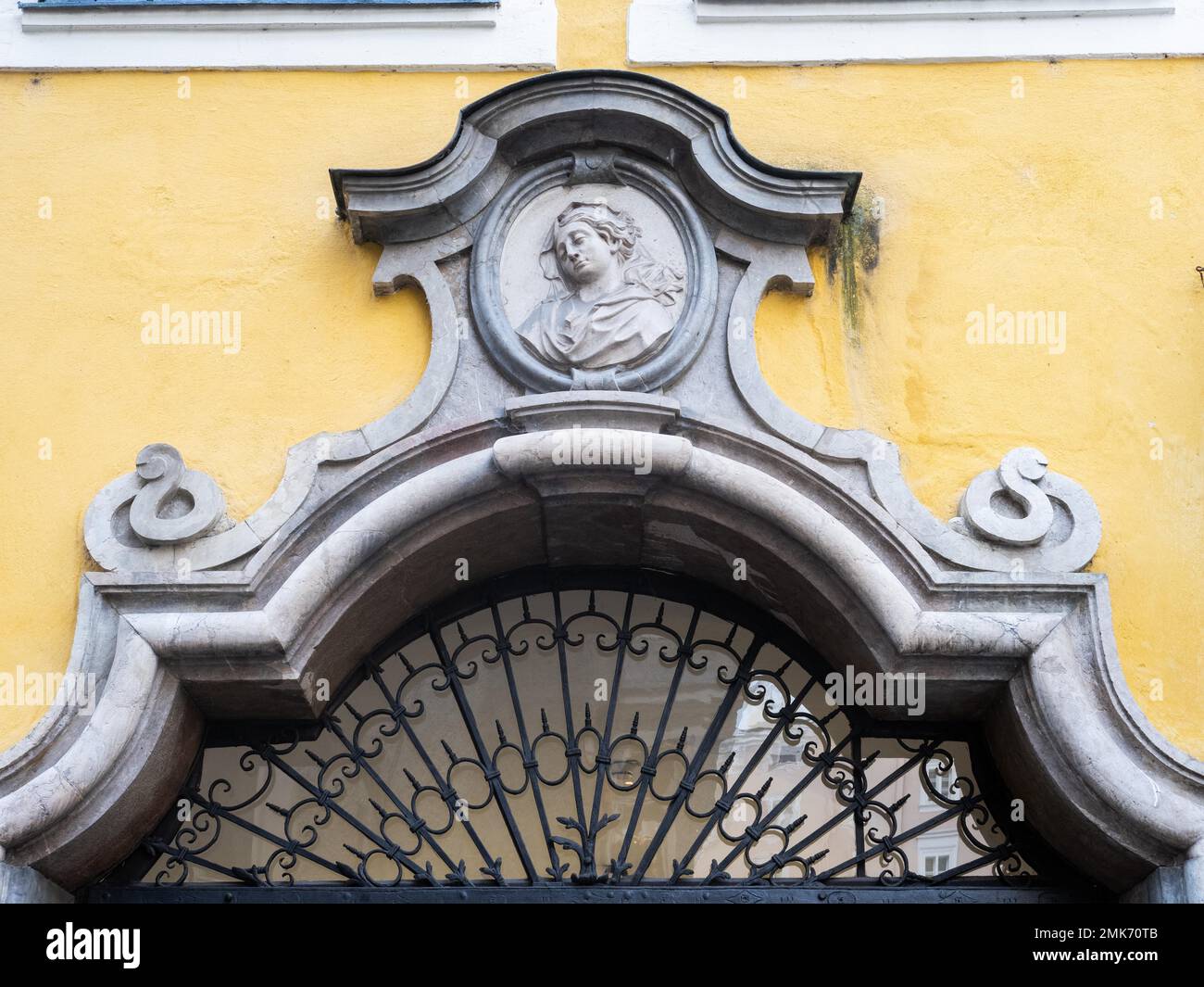 Stucco figure, Yellow facade, Wolfgang Amadeus Mozarts birthplace in ...
