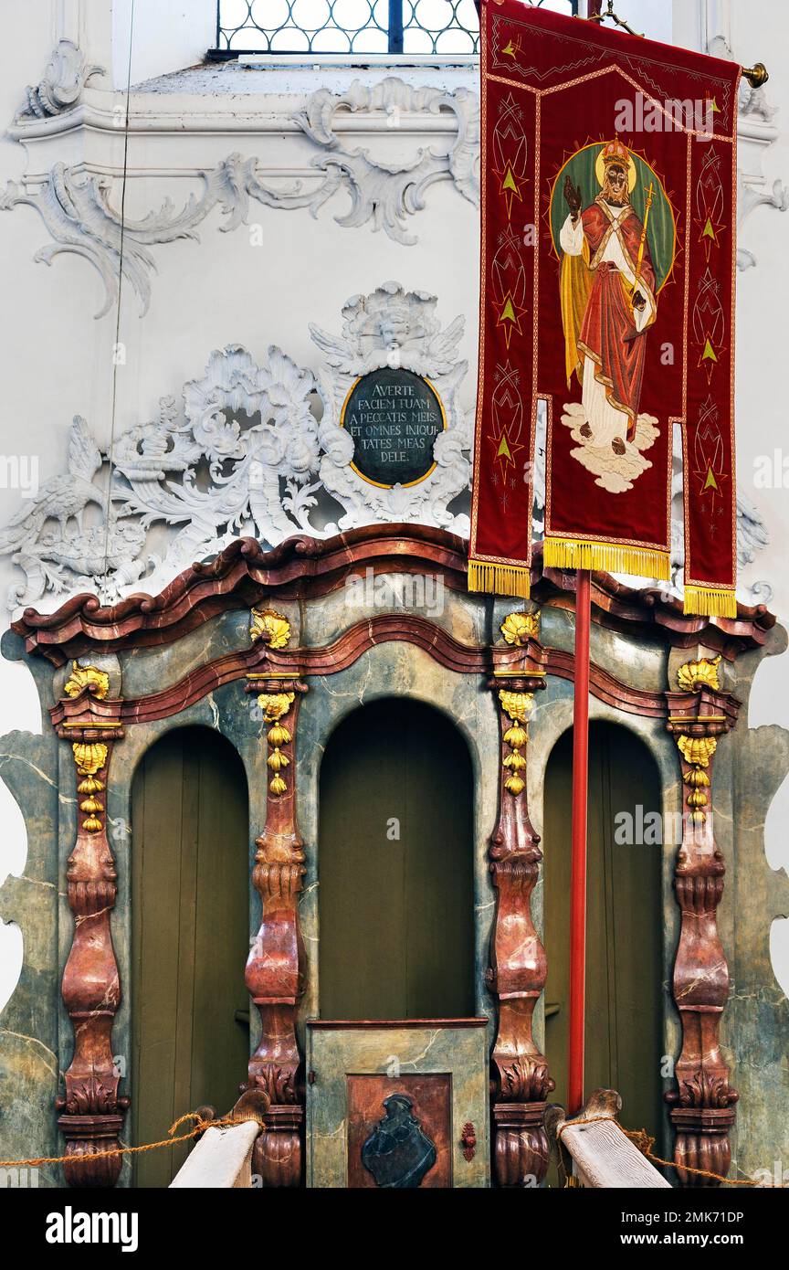 Confessional and flag, Church of St. George and St. James, Isny ...