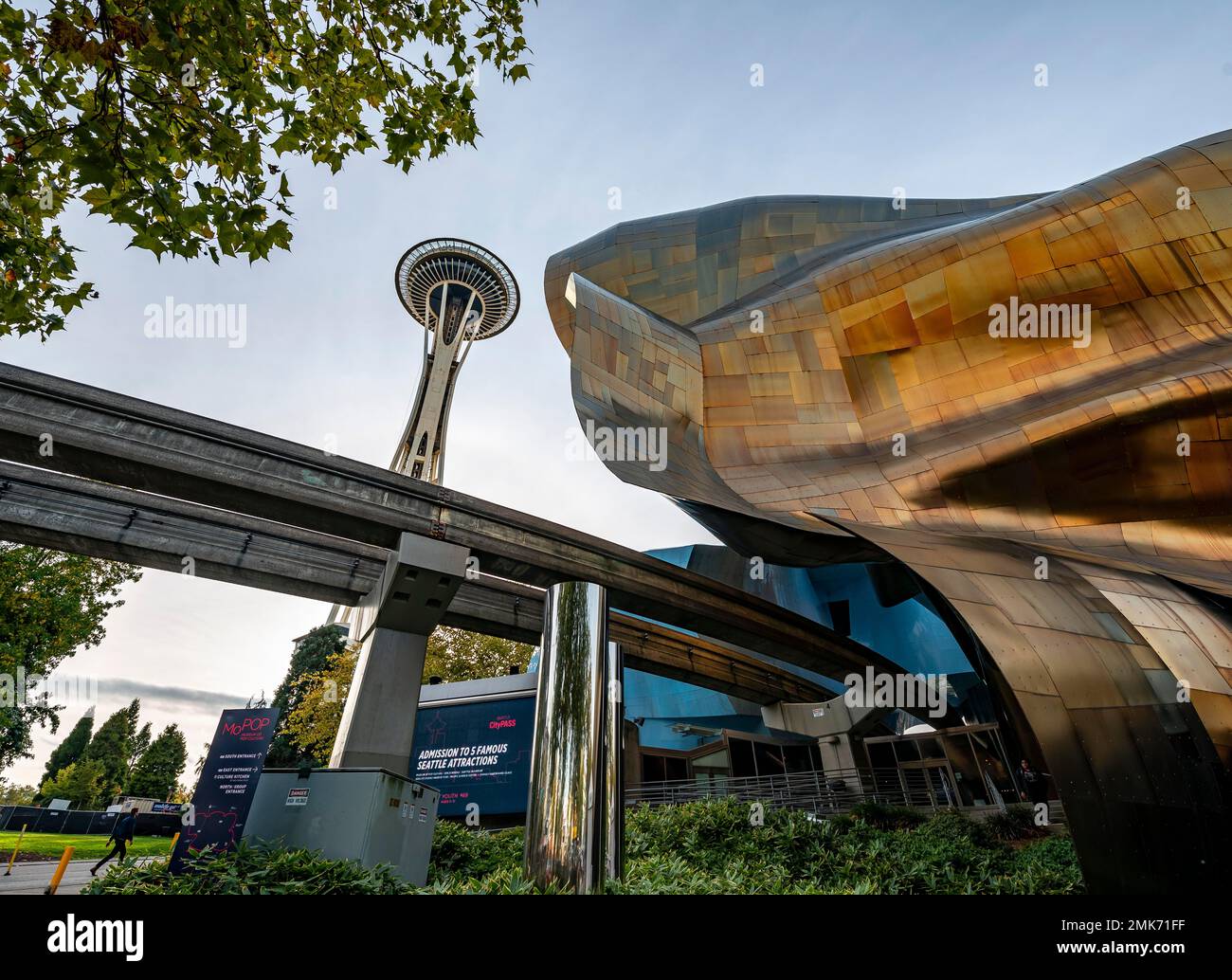 Monorail track and Space Needle, Corrugated coloured exterior facade of ...