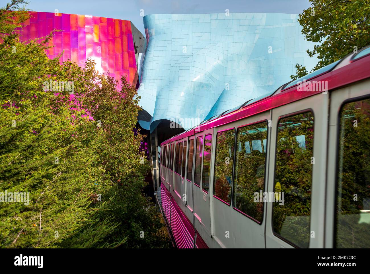Monorail train comes out of the museum, Corrugated coloured exterior ...