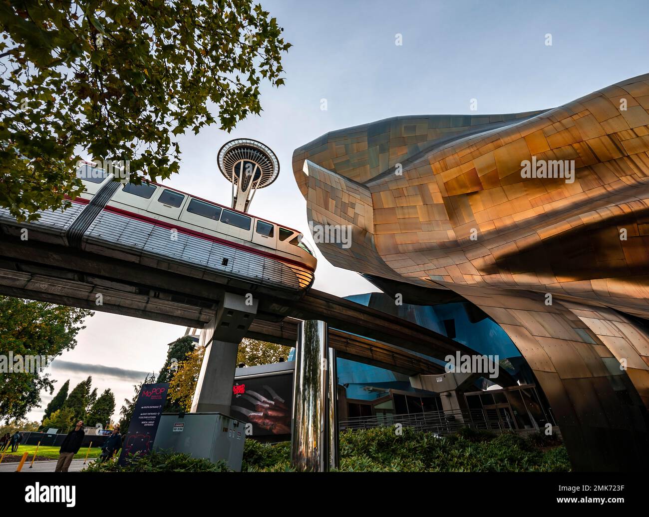 Monorail track and Space Needle, Corrugated coloured exterior facade of ...