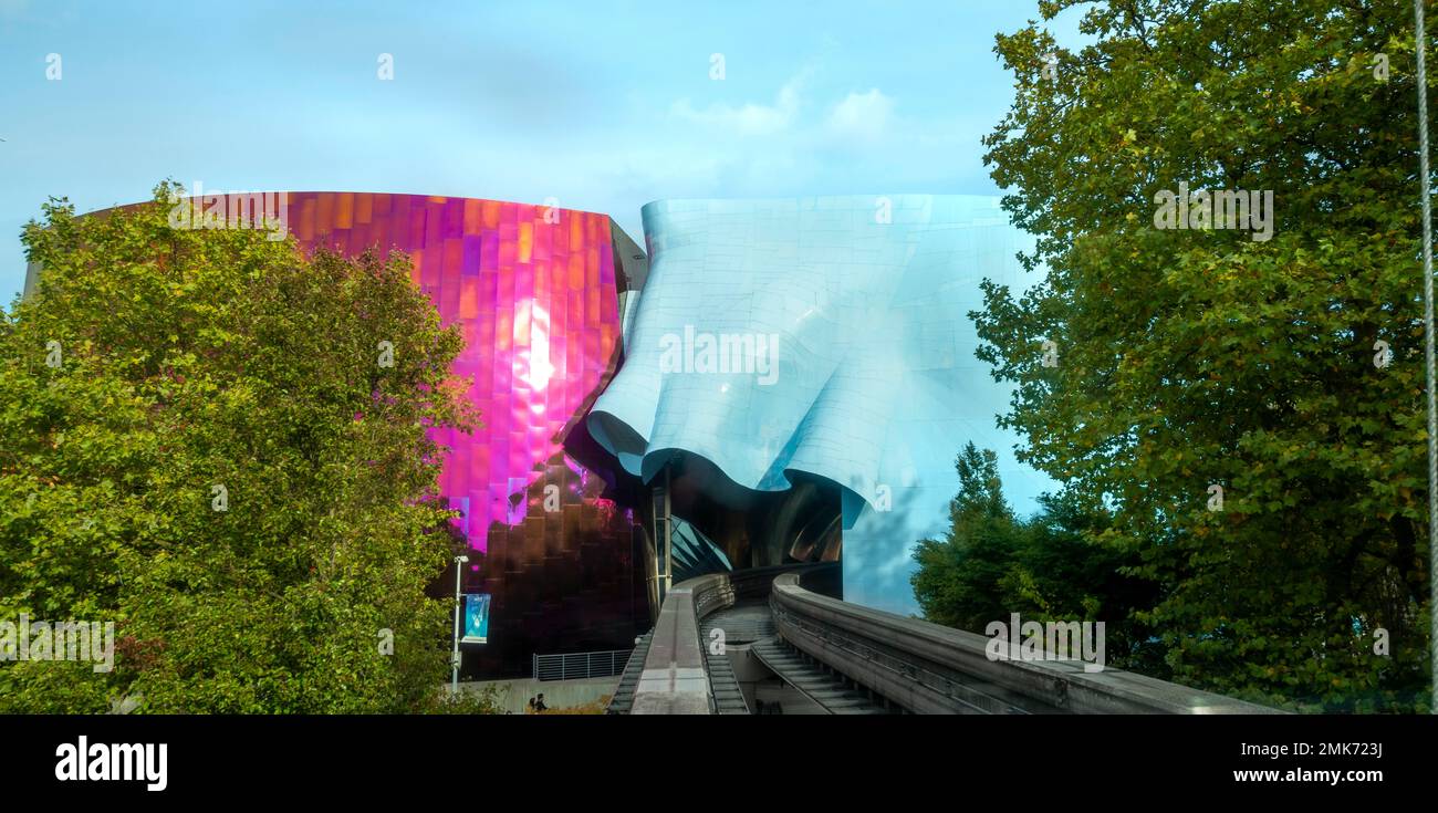 Monorail track at the museum, Corrugated coloured exterior facade of ...