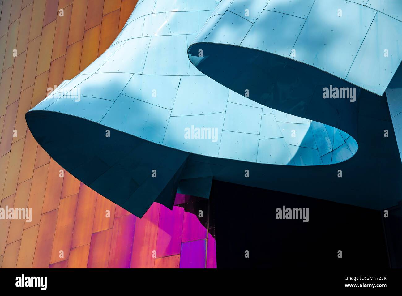 Curved colored facade of the Museum of Pop Culture, MoPOP, detail ...