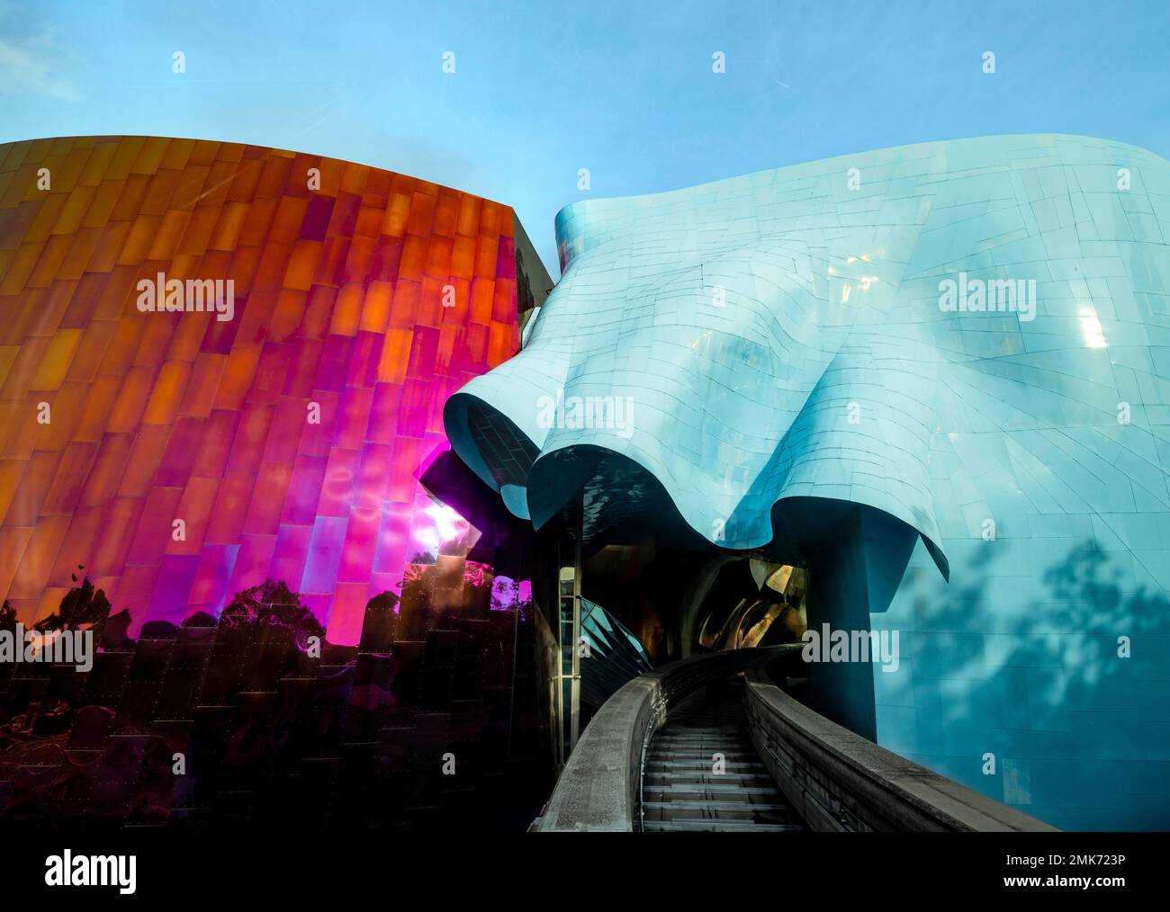 Monorail track at the museum, Corrugated coloured exterior facade of ...